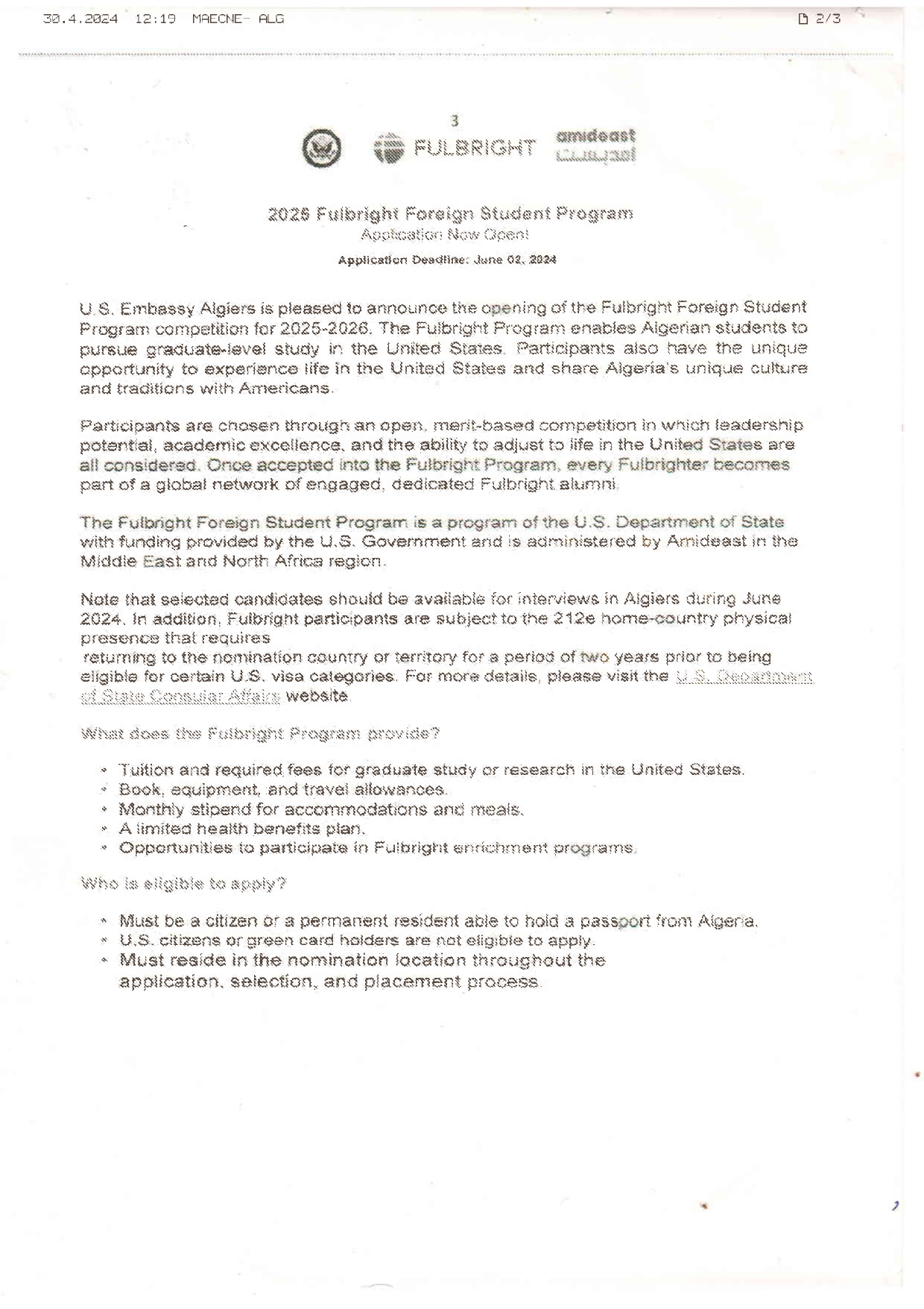 American Fulbright Scholarship Program - Blida 1 University