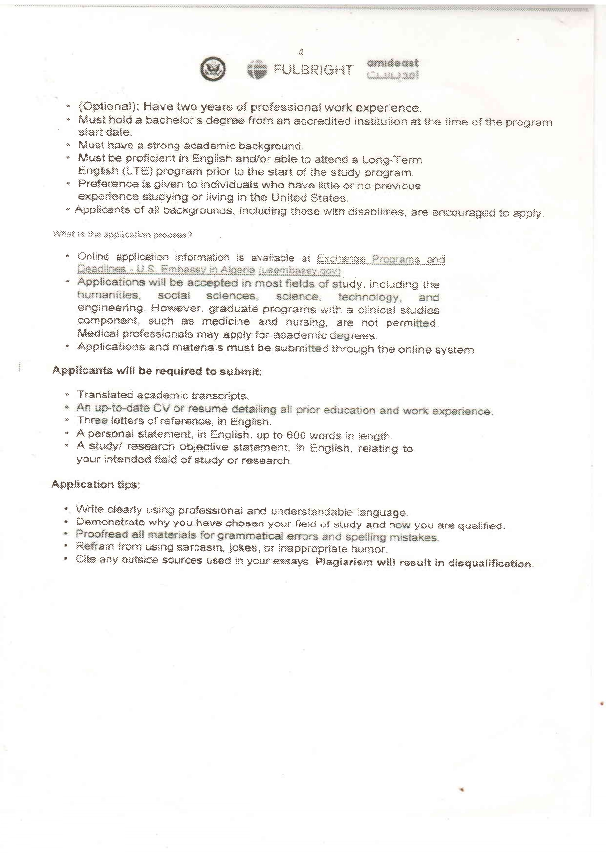 American Fulbright Scholarship Program - Blida 1 University